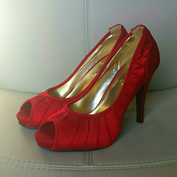 Wild Diva | Shoes | Ruby Red Satin Opentoe Pumps High Heels 8 2 | Poshmark